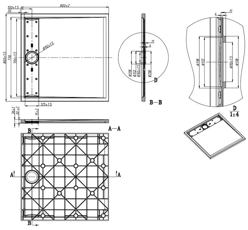 BPS-koupelny Čtvercová akrylátová sprchová vanička HYD-SSV-DEKO 80x80 šedá