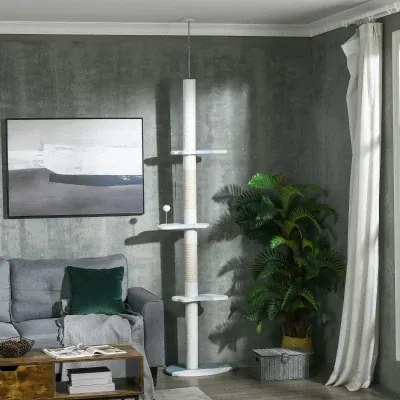 PawHut kočičí strom k zavěšení na strop s výškově nastavitelným sloupkem 225-255 cm, míček a platformy, bílá