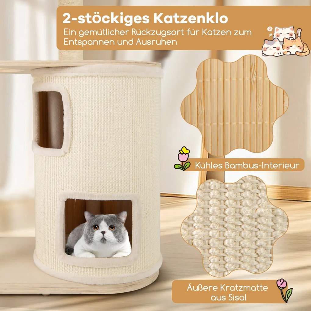 Costway 151 cm dřevěné škrabadlo s 2-příběh kočičí jeskyně a houpací síť kočičí
