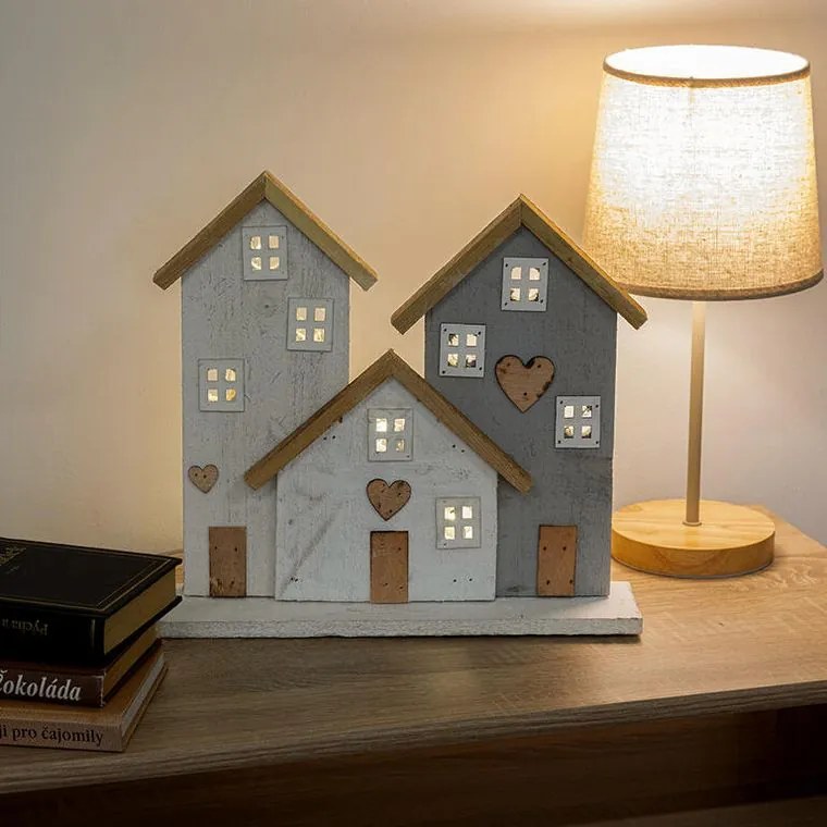 Dřevená LED dekorace DOMEČKY 30 cm