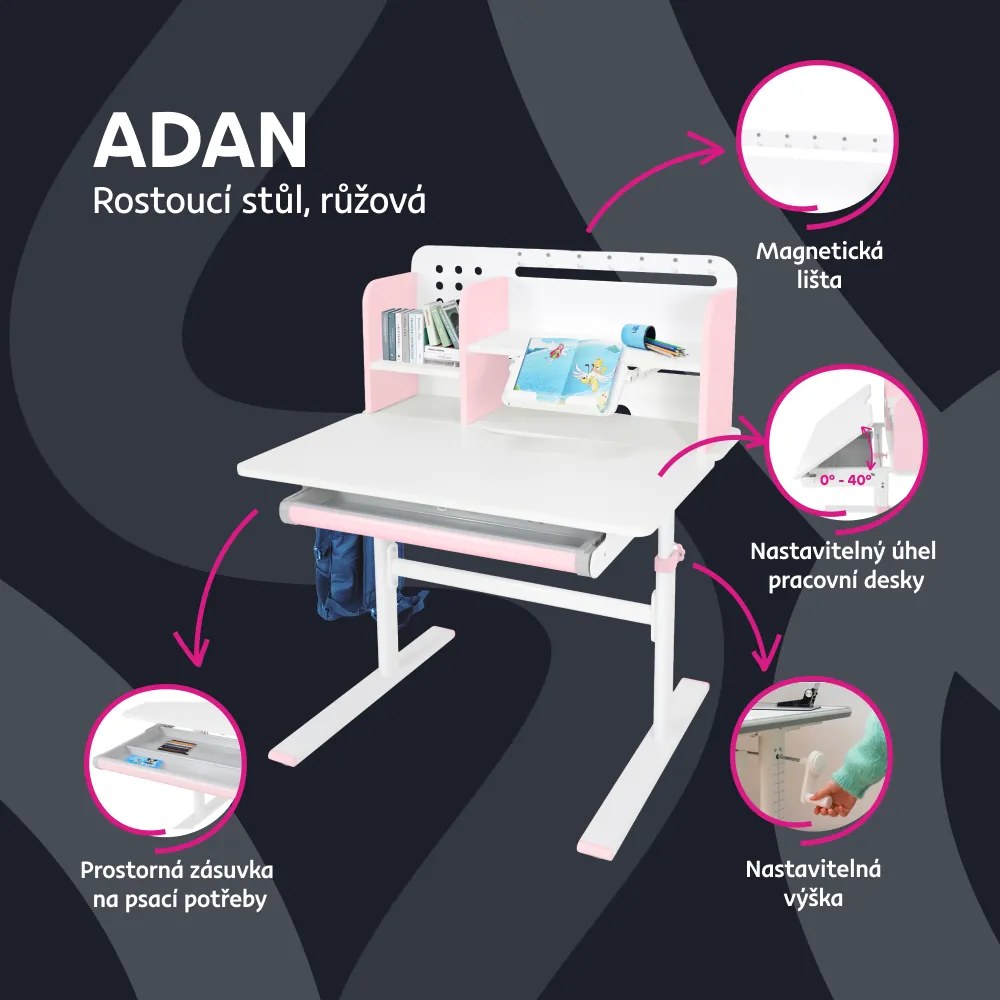 Kondela Rostoucí psací stůl, růžová/bílá, ADAN
