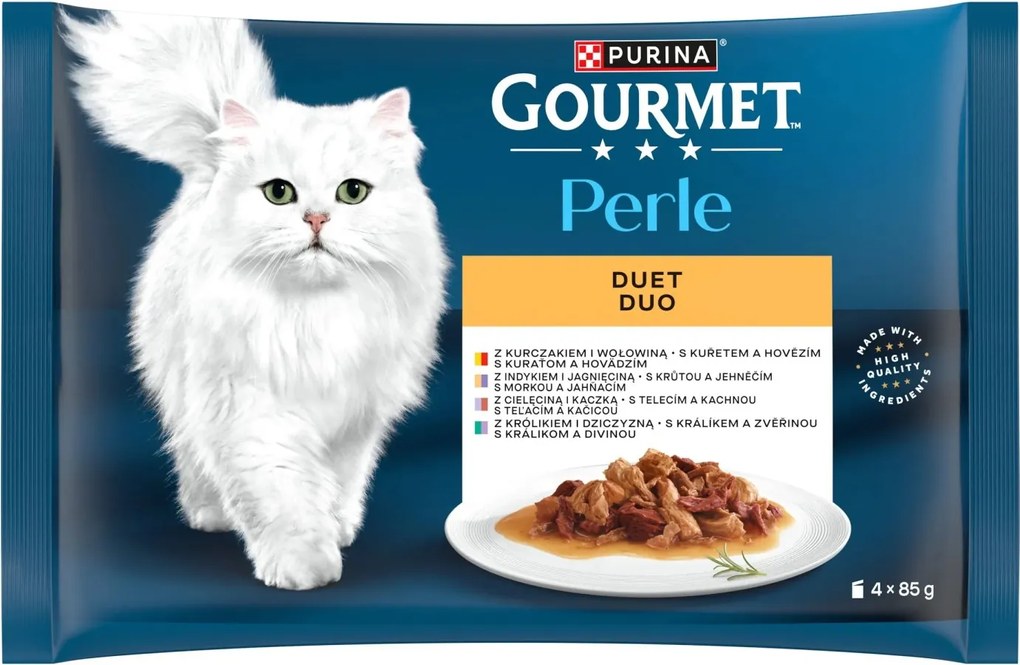 Gourmet Perle DUO Kapsičky pro kočky kuře/hovězí, krůta/jehněčí, telecí aj.4x85g