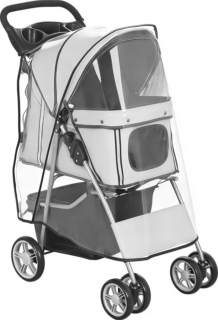 Kočárek pro psy Kočárek pro psy Skládací kočárek pro kočky do 10 kg s krytem proti dešti Odrazové proužky Úložný koš 77x44x102cm Šedý