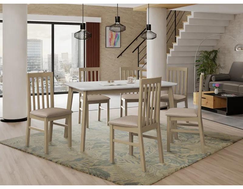 Rozkládací jídelní stůl se 6 židlemi AL16, Barva dřeva: bílá, Potah: 26x - Kronos 22, Barvy nožiček: černá