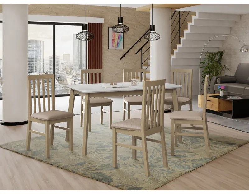 Rozkládací jídelní stůl se 6 židlemi AL16, Barva dřeva: bílá, Potah: Kronos 7, Barvy nožiček: Sonoma