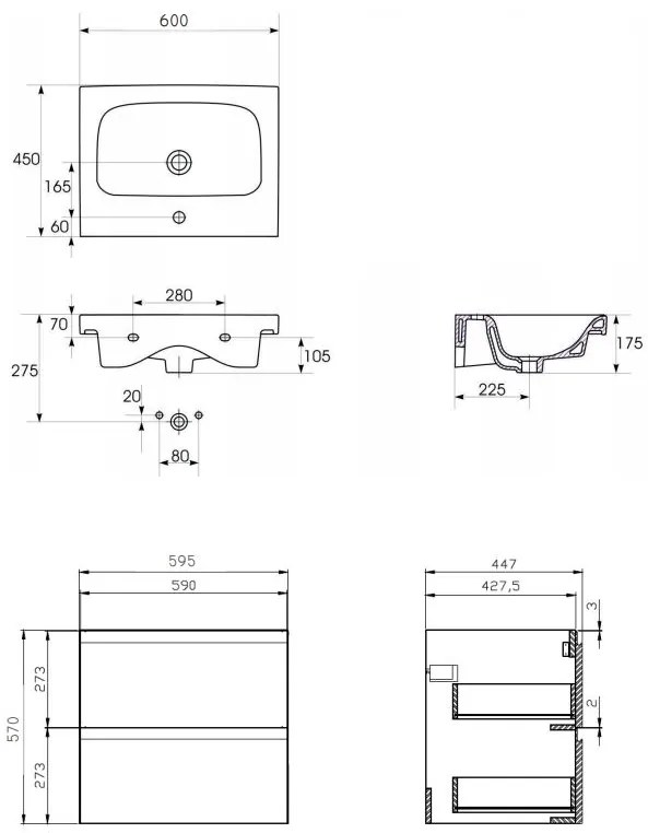 Cersanit Moduo SET, závěsná skříňka 60x45x62 cm + umyvadlo 60cm, antracitová matná, S801-483