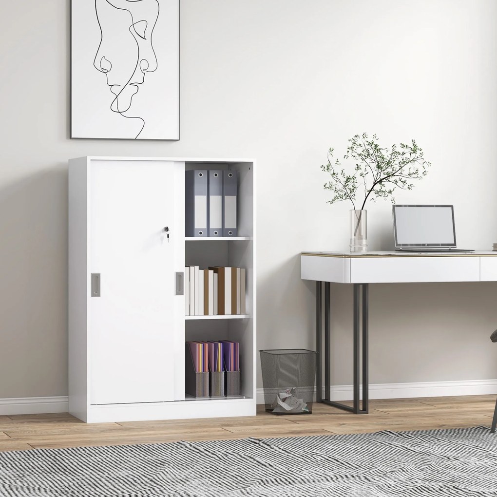 HOMCOM Praktická kancelářská skříň s 2 posuvnými dveřmi, zámky a 3 policemi pro kancelář a studium 80x40x120 cm Bílá