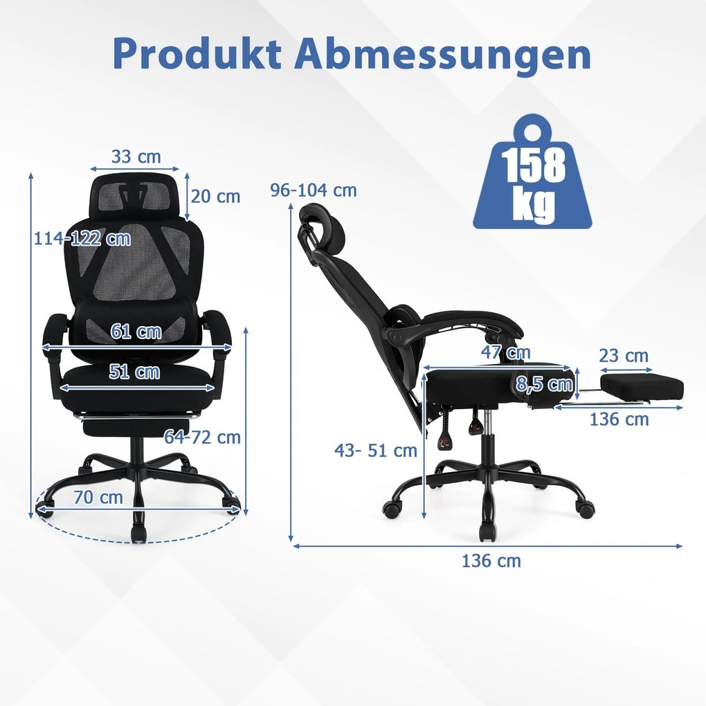 Costway Kancelářské křeslo ergonomické se zasouvací opěrkou nohou psací židle