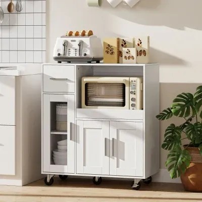 HOMCOM Kuchyňská skříňka na kolečkách, mobilní kuchyňská komoda s policemi, zásuvkami, nastavitelnou polici, otvorem pro kabel, bílá