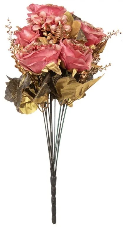 Umělá kytice růžových růží se zlatým zdobením - 50 cm