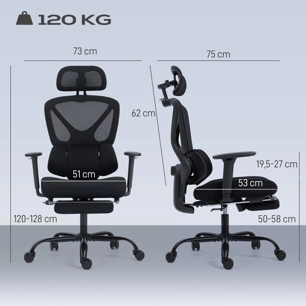 HOMCOM Ergonomická kancelářská židle s kolečky, síťovinou, bederní opěrkou, počítačová židle s područími, nastavitelnou opěrkou hlavy