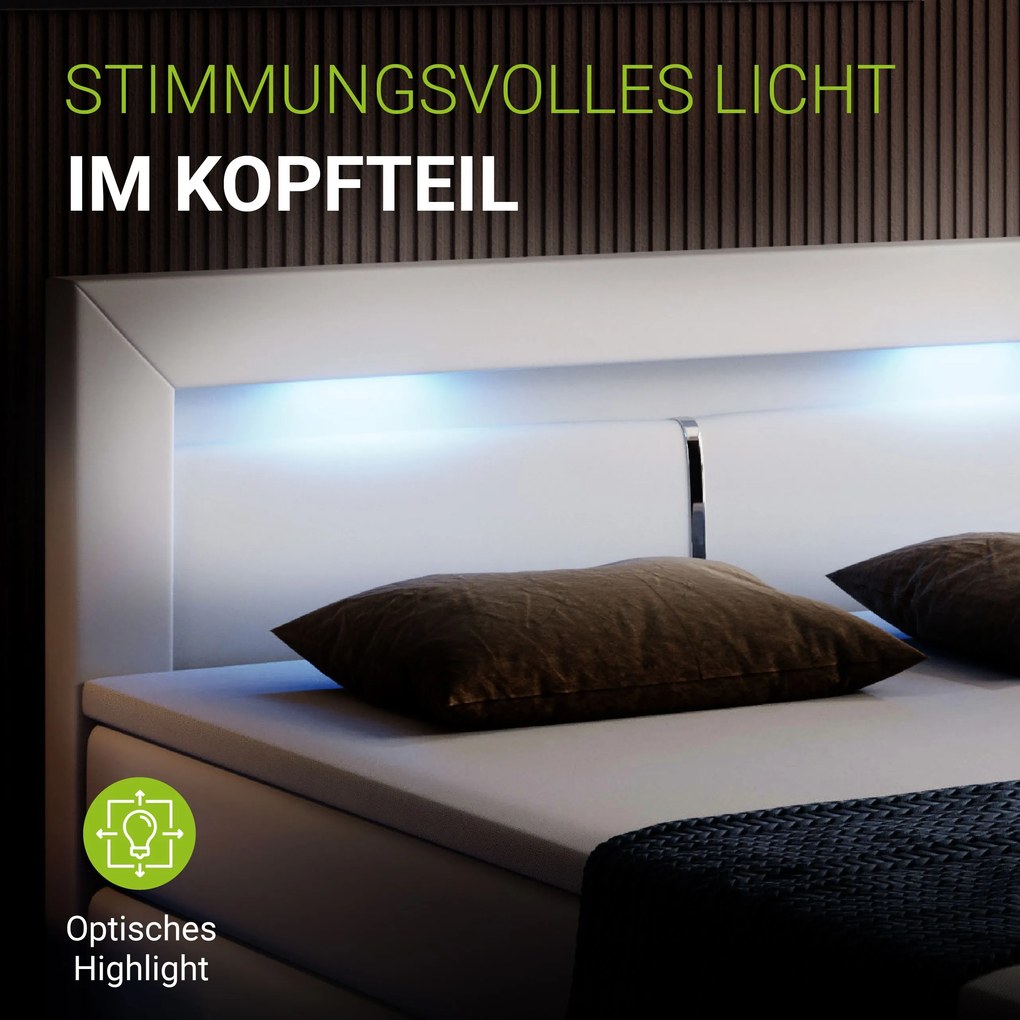 Juskys Postel boxspring Norfolk s potahem z umělé kůže Barva: Bílá, Velikost: 140 × 200 cm
