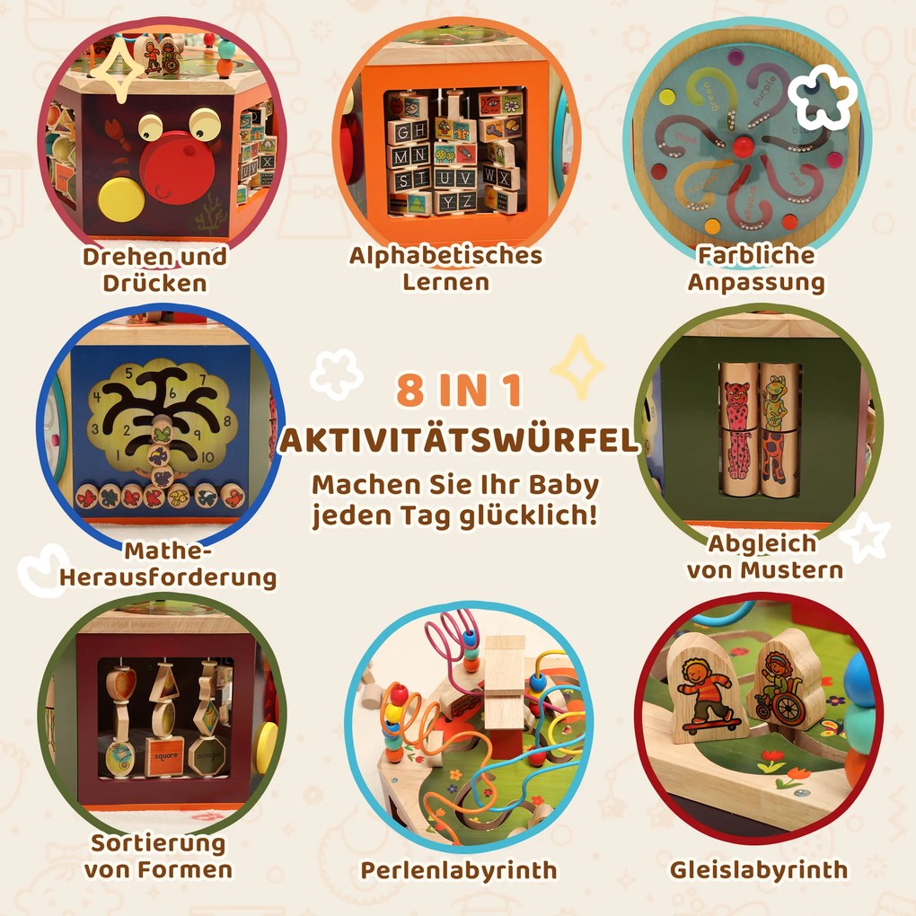 Motorická kostka, kostka 8 v 1 s motorickou smyčkou, korálkové bludiště, 41,5 x 37,5 x 37,5 cm, různobarevná