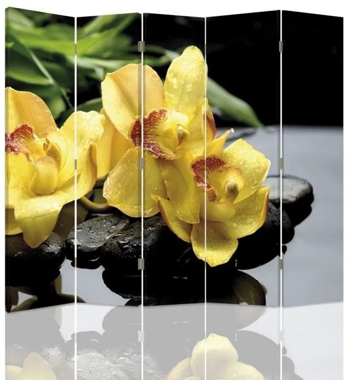 Ozdobný paraván, Žlutá orchidej - 180x170 cm, pětidílný, obustranný paraván 360°