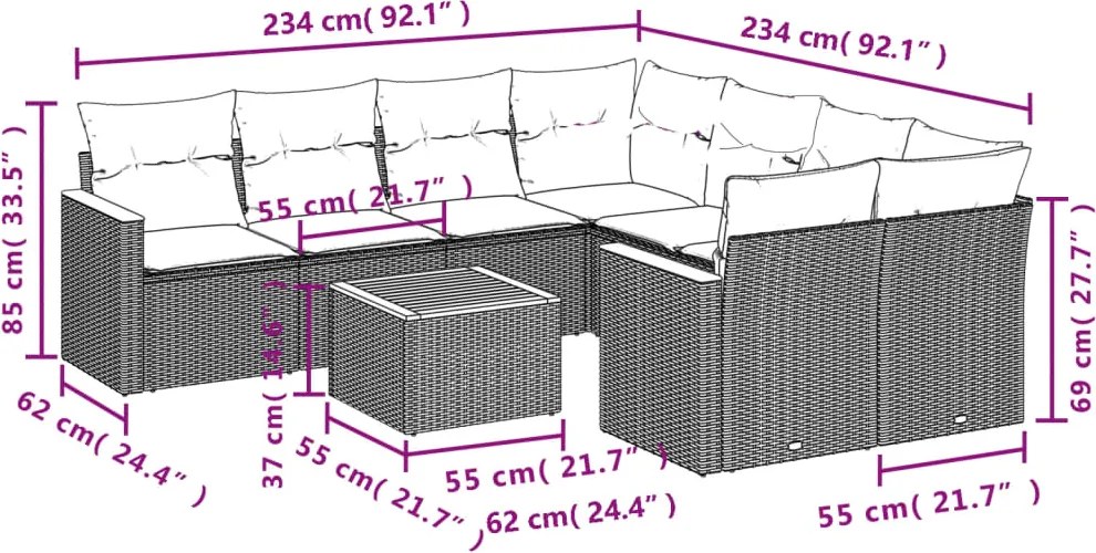 9dílná zahradní sedací souprava s poduškami béžová polyratan 3258230