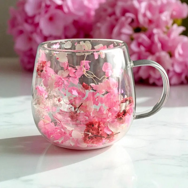 Flamenco Mystique Termální sklo s květinami gypsophila hortenzie růže 350 ml 1 ks dekorace do bytu 182 SZK