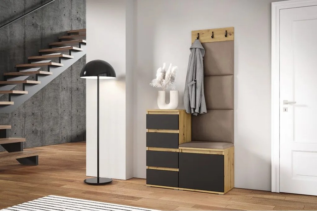 Eka Předsíňová stěna s čalouněnými panely Trinity 36 - Dub Artisan s černou / Tmavá béžová 2305
