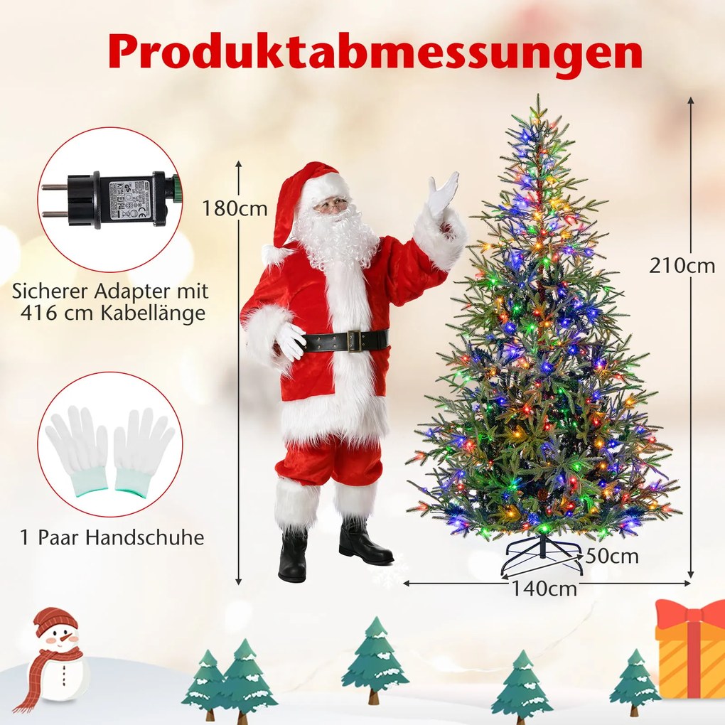 Costway 210 cm Umělý vánoční stromeček s 250 Vícebarevná LED světla Umělý