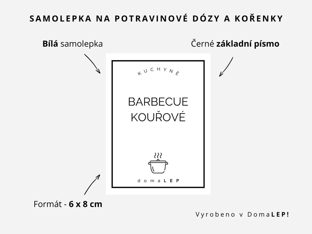 BARBECUE KOUŘOVÉ - omyvatelná samolepka na kořenky, výběr rozměrů Ø 5 cm / 5 x 5 cm / 6 x 8 cm | DomaLEP tvar: KOLEČKO, barva: BÍLÁ - ČERNÉ písmo, velikost: Ø 5 cm - tučné písmo