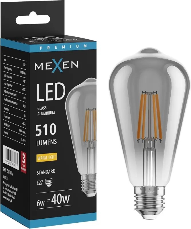 Mexen Vintis, LED filamentová žárovka E27, ST64, 6 W, teplá bílá 2700K, kouřová, L152-E27-0627-70