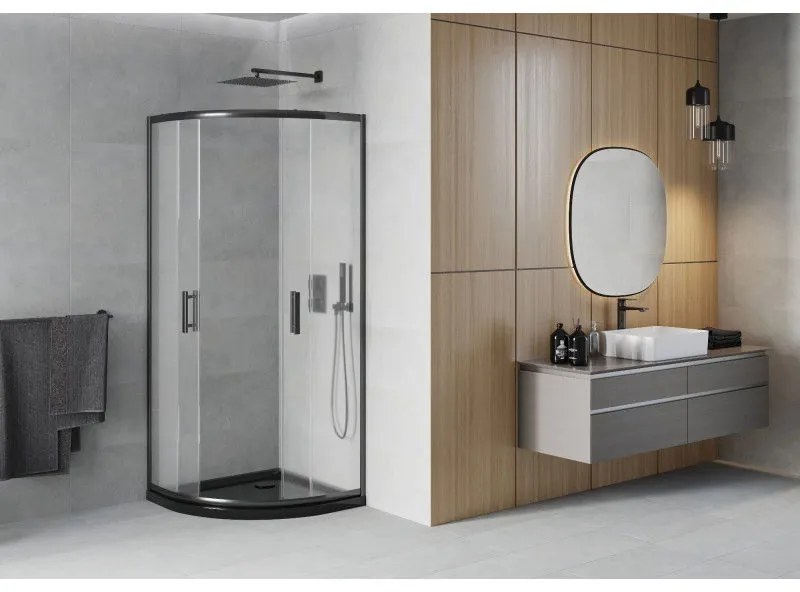Mexen Rio, čtvrtkruhový sprchový kout 90(dveře)x90(dveře)x190 cm, 5mm sklo námraza, černý profil + černá sprchová vanička SLIM, 863-090-090-70-30-4170B