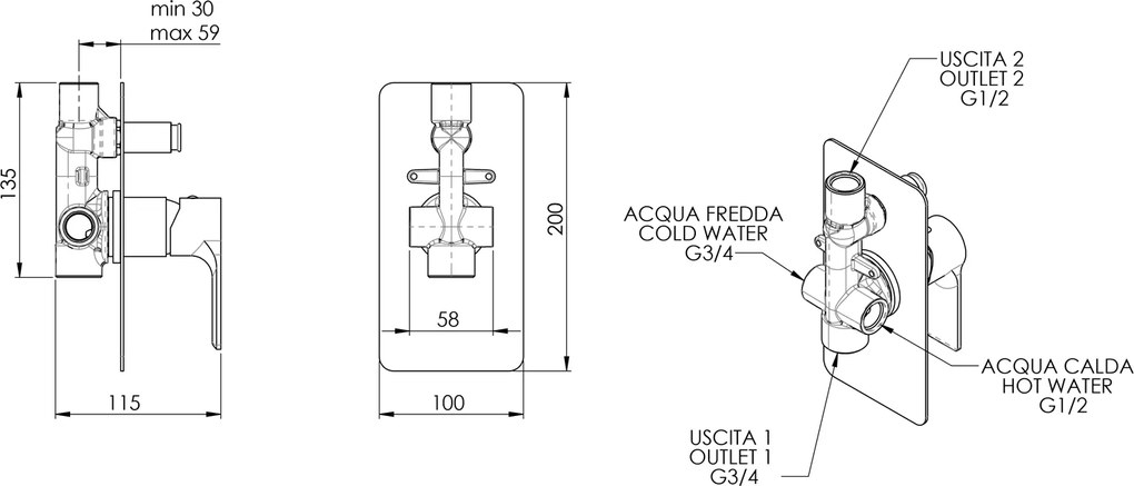 Sapho PAX XA42/15 podomítková sprchová baterie 2 výstupy černá mat