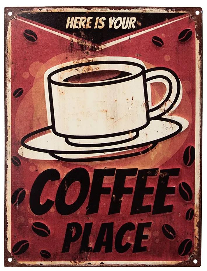 Červená antik nástěnná kovová cedule Coffee Place - 25*1*33 cm