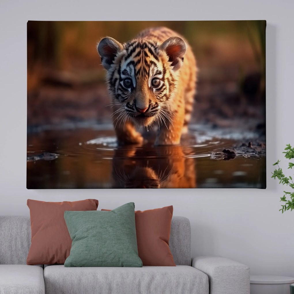 Obraz na plátně - Mládě tygra v louži FeelHappy.cz Velikost obrazu: 60 x 40 cm