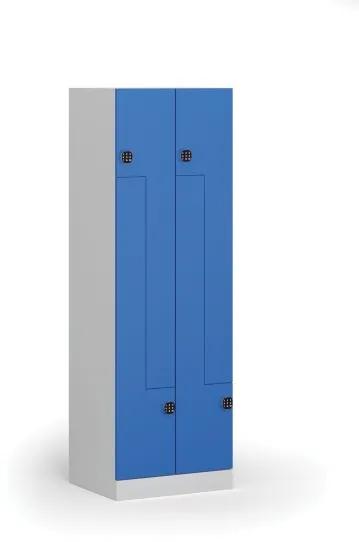 Kovová šatní skříňka Z, 4 oddíly, 1850 x 600 x 500 mm, kódový zámek, modré dveře