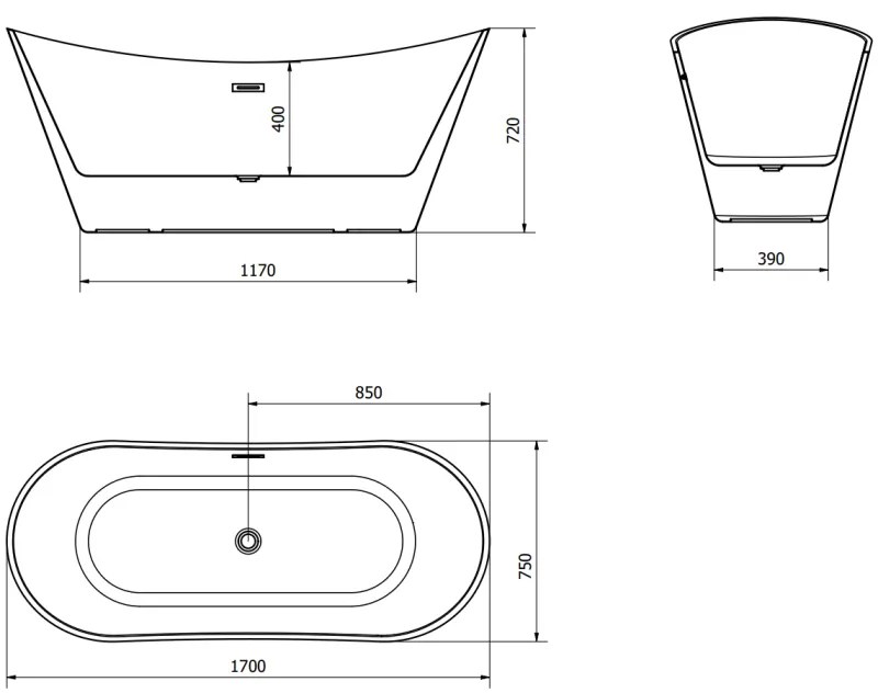 Mexen Celia, volně stojící vana 170 x 75 cm, bílá, broušený grafit přepad, 52331707500-95