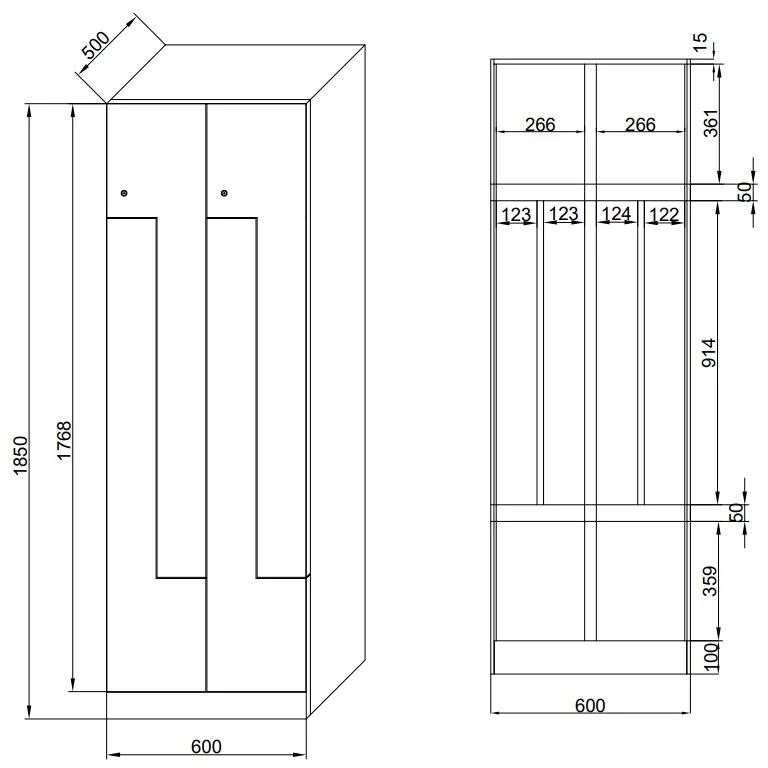 Kovová šatní skříňka Z, 4 oddíly, 1850 x 600 x 500 mm, otočný zámek, laminované dveře, bříza