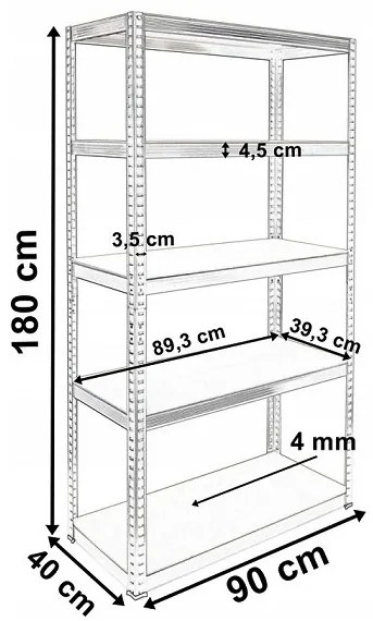 Stabilní kovový úložný regál s 5 policemi 180x90x40