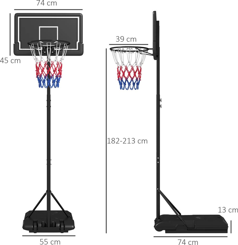Basketbalový koš SPORTNOW s nastavitelným stojanem a kolečky, odolná deska, 182-213 cm