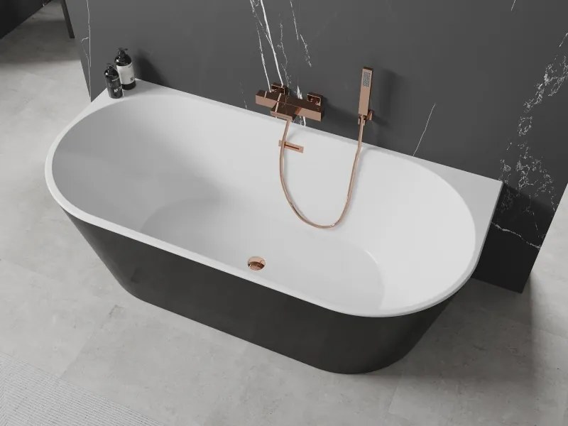 Mexen Oval, volně stojící nástěnná vana 180 x 80 cm, bílá-černá, růžové zlato přepad, 52671808075-60