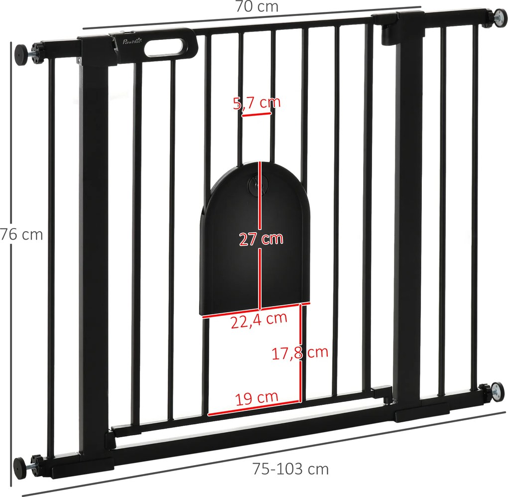 PawHut Zabezpečovací brána pro domácí mazlíčky 75-103 cm pro schody a dveře s 2 prodlouženími, automatickým zámkem a dvojitým zámkovým systémem, černá