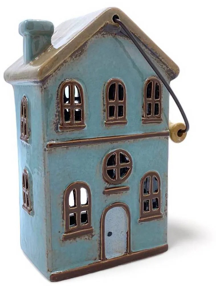 Ego Dekor Keramický domeček, lucerna na svíčku s rukojetí, výška 23 cm Barva: Šedomodrá světlá