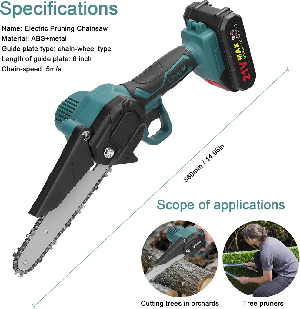 Mini akumulátorová řetězová pila 6" – 21V, 1.2Ah