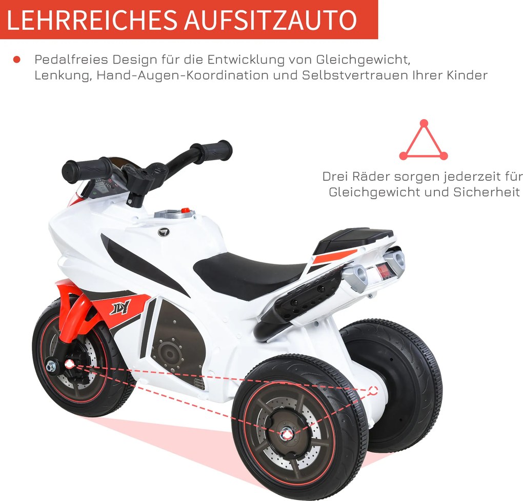 HOMCOM Dětská motorka s hudbou pro děti od 18 do 36 měsíců, bílá, 74x39x48 cm, stabilní a bezpečná pro batolata | Aosom.de