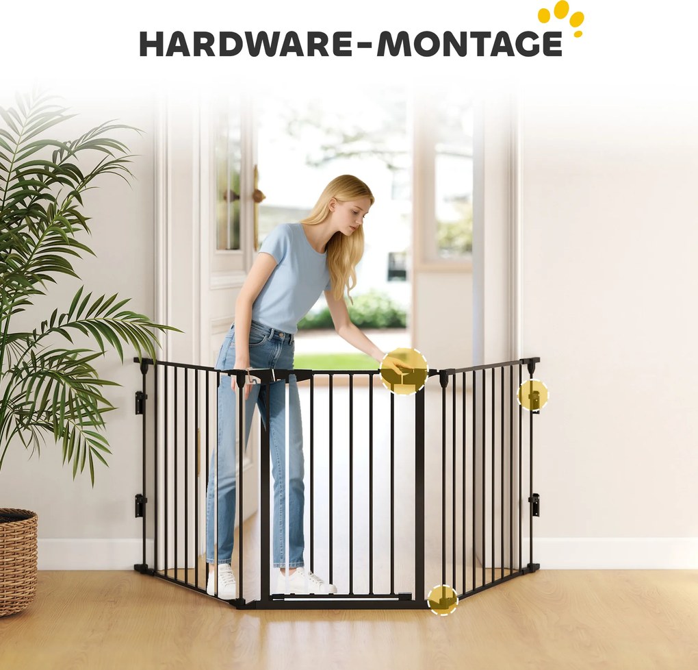PawHut 2 v 1 výběh pro štěňata 5-TLG Skládací ohrádka s dvířky pro malé a střední psy, DIY ohrádka pro štěňata 300 x 74,5 cm kovová černá