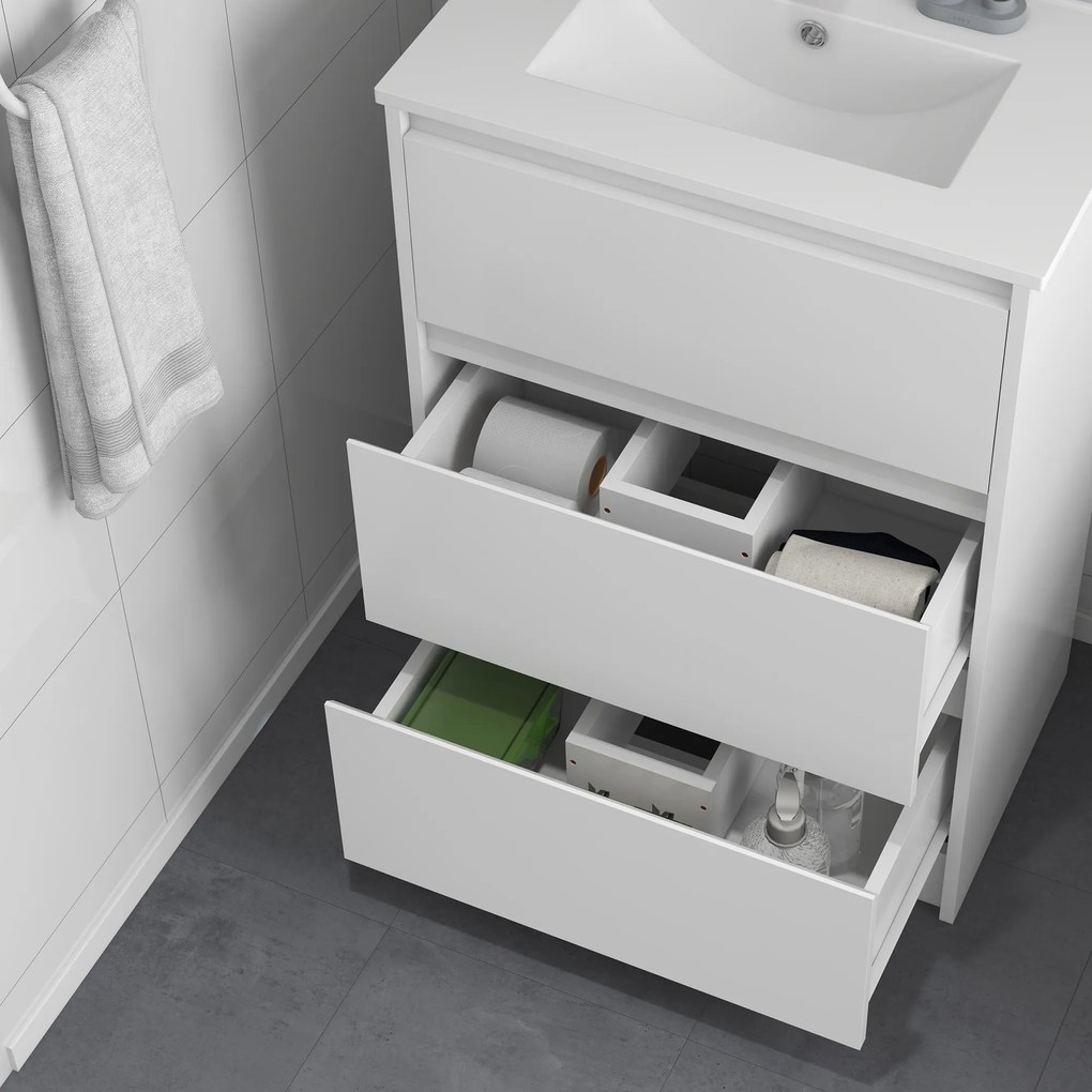 Kleankin koupelnová skříňka s umyvadlem - Umývací skříňka se syntetickým keramickým umyvadlem a 2 zásuvkami 61x37x88 cm Světlá bílá