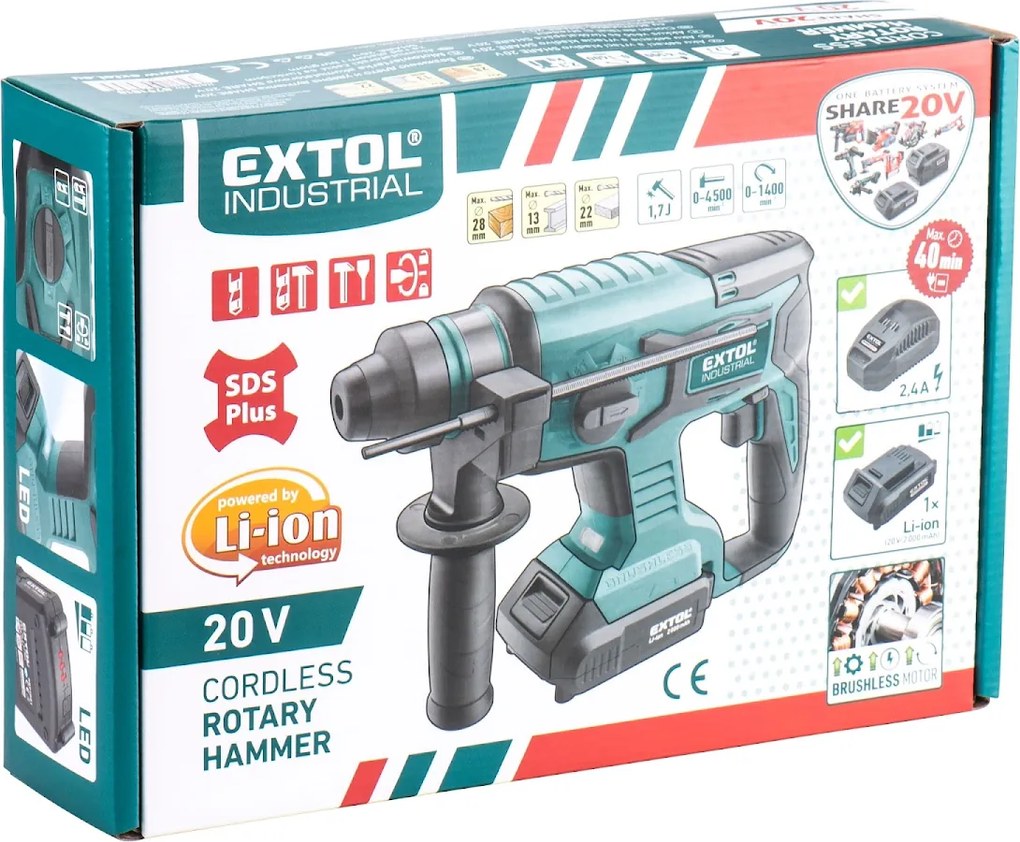 Kladivo vrtací aku SHARE20 V, 1,7J, SDS plus, BRUSHLESS, 20 V Li - ion, 2000 mAh EXTOL INDUSTRIAL 8791818