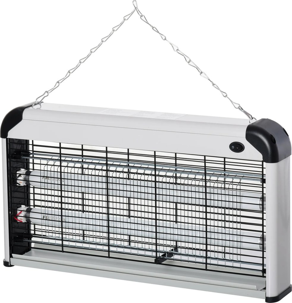 Outsunny Elektrická Lampa na Hmyz 30W - Zabití Mnohonožců s UV Světlem, Pokrytí 60 m² pro Zahradu, Terasu, Zastřešení, Rozměry 48,5x8,5x26,5 cm, Stříb