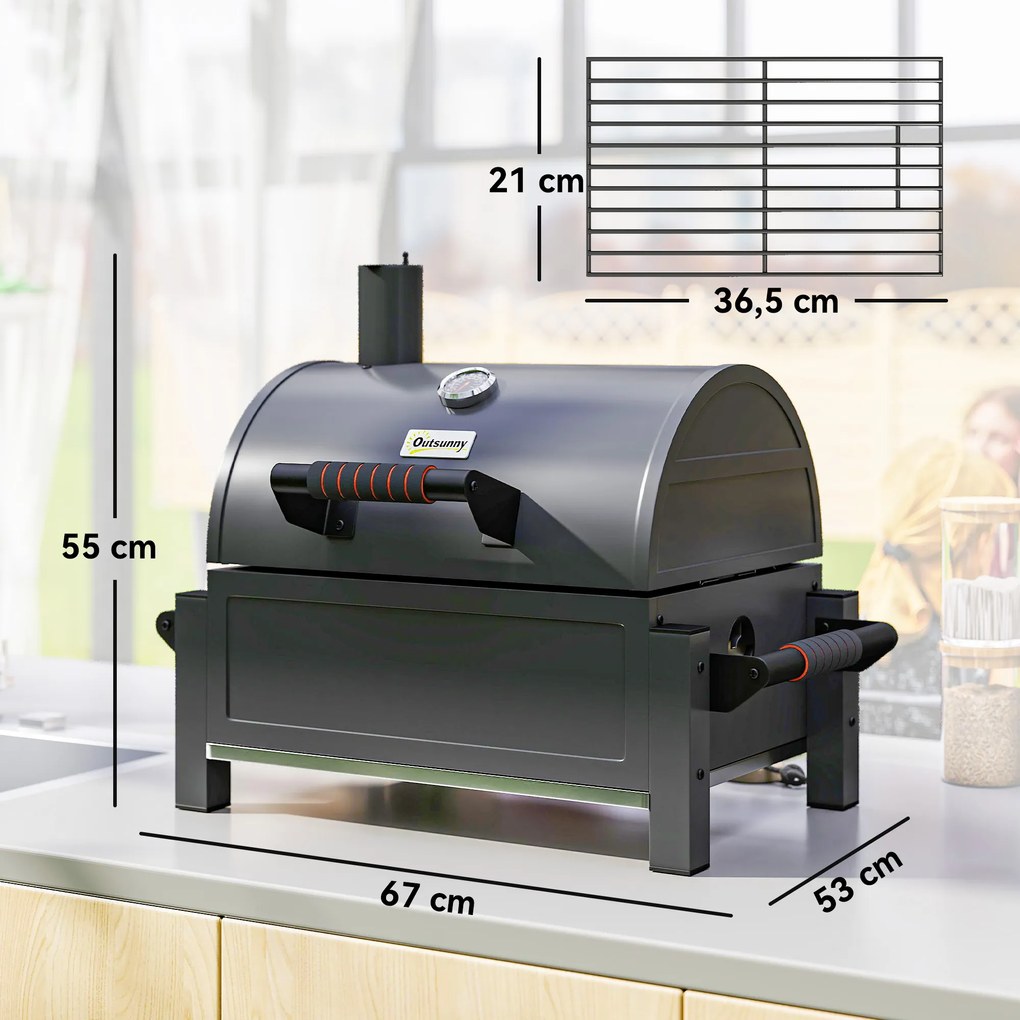 Gril na dřevěné uhlí Outsunny s víkem, pro 3-6 osob, s větracím otvorem, rukojetí, teploměrem, žáruvzdorný, 68,5 x 50 x 54 cm, černý | Aosom