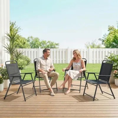 Outsunny 4dílná sada skládacích kempingových židlí s vysokým opěradlem, širokým sedákem a opěrkami rukou, prodyšný Textilene, černá