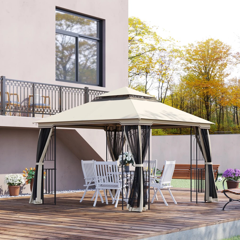 Zahradní pavilon Outsunny s dvojitou střechou a párty stanem 2,99 x 2,99 m se 4 bočními stěnami z kovu a polyesteru v béžové barvě