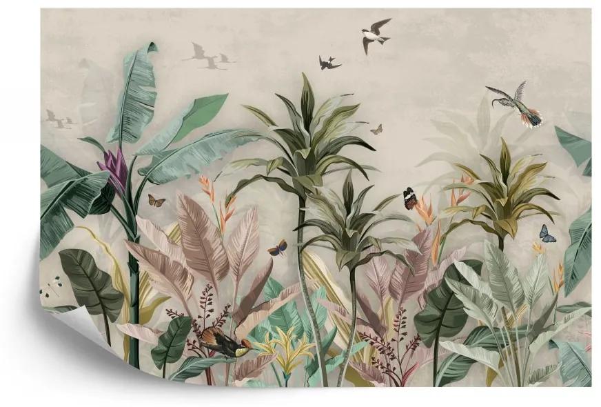 Fototapeta Wallpaper Palm Tropical Forest Vintage Jungle Pattern With Birds Vliesová tapeta 416x254