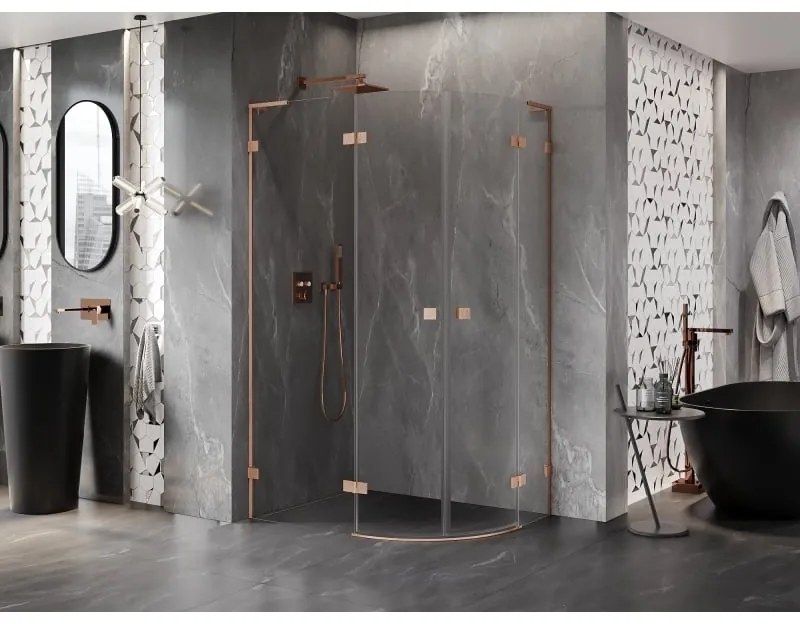 Mexen Lunar, L půlkruhový sprchový kout naklápěcí doleva 100 x 90 cm, 8mm čiré sklo, profil měděná matná, 833L-100L-090P-65-00