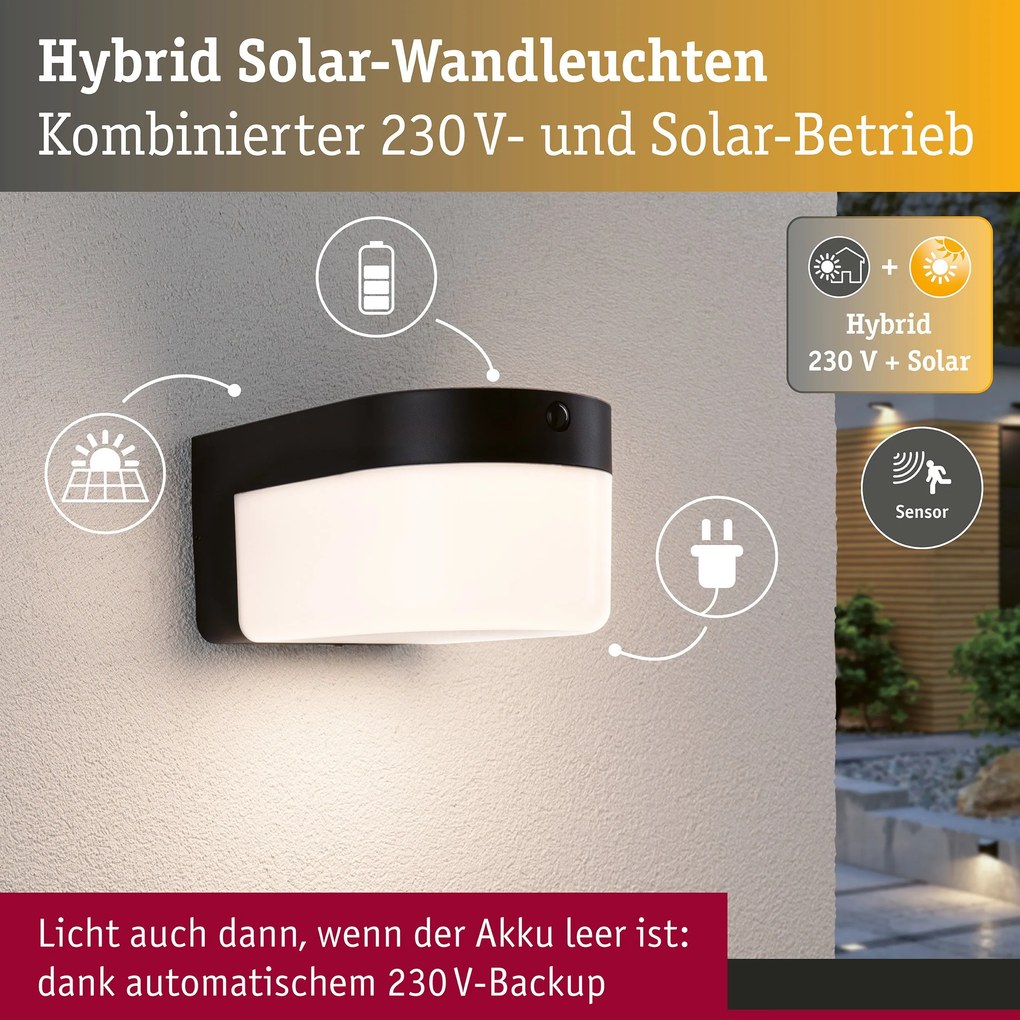 P 95747 Hybrid LED venkovní nástěnné svítidlo Calyne domovní 230V + solární IP44 hranaté 145x229mm 3000K 2,3W 230V černá - PAULMANN