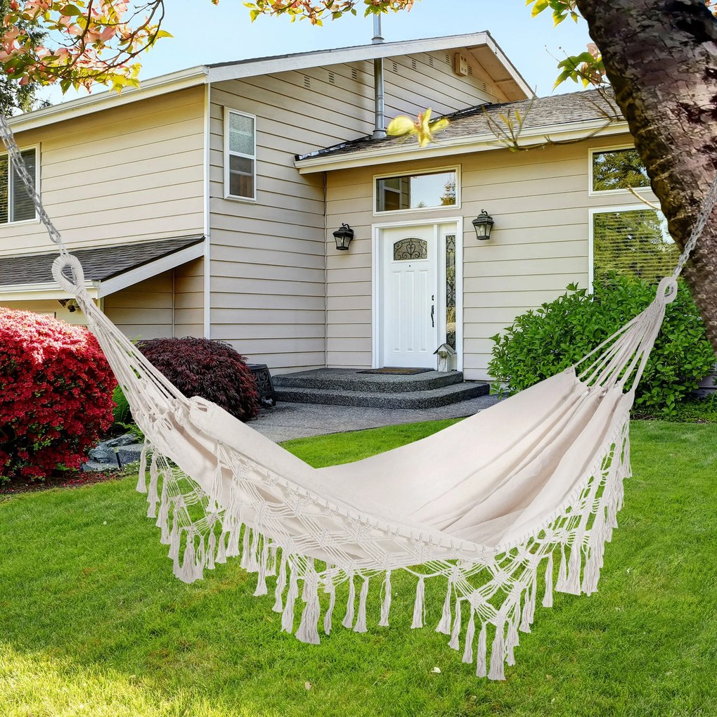 Outsunny Přenosná bohémská cestovní houpací síť, celkové rozměry 2,88 x 1,5 m, bavlna, polyester, béžová | Aosom