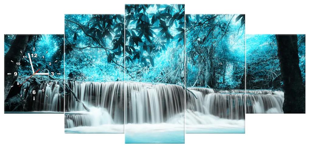 Gario Obraz s hodinami Vodopád v modré džungli - 5 dílný Rozměry: 150 x 105 cm